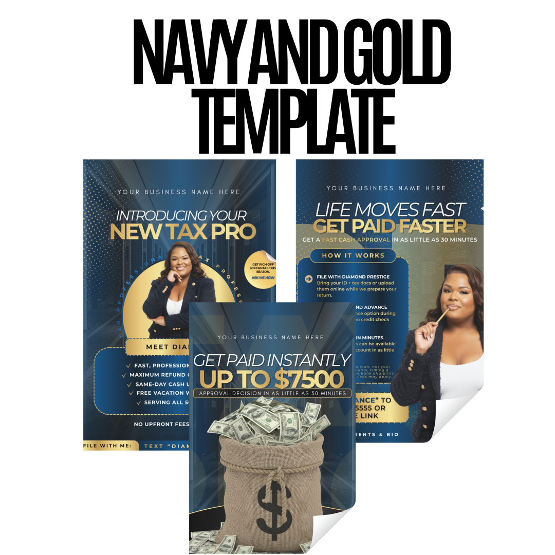 10 Tax Season Flyer Vault - BLUE AND GOLD - Virtual Tax Boss Academy